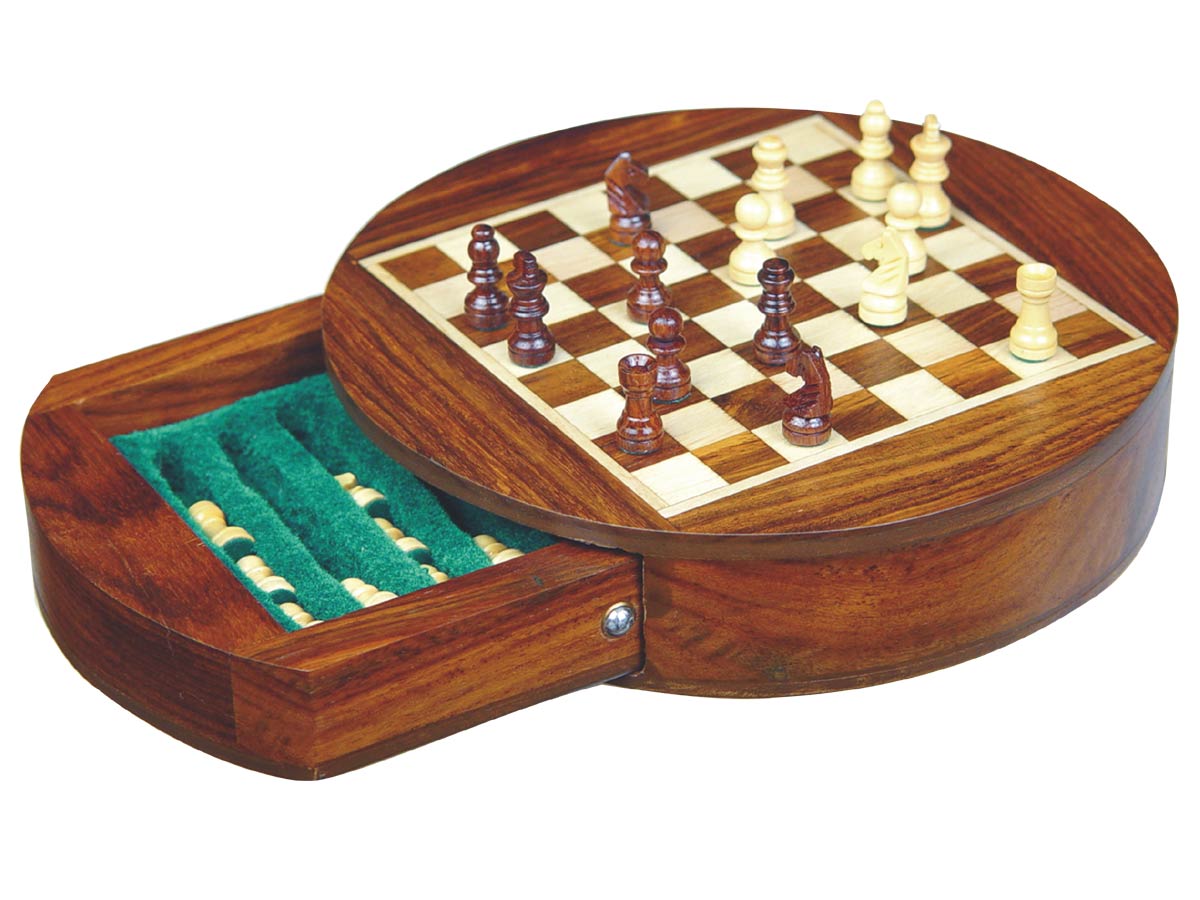 Wood Magnetic Chess Set 6" Round Shape with Drawer Golden Rosewood/Map ...