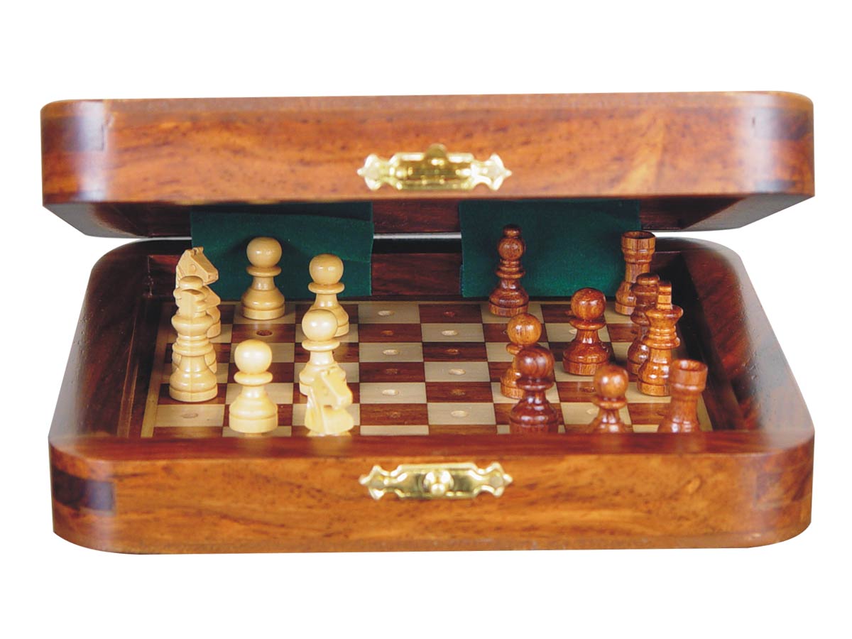 Pocket Pegged Chess Set Wooden Board Inside Golden Rosewood/Maple 6"x6 ...