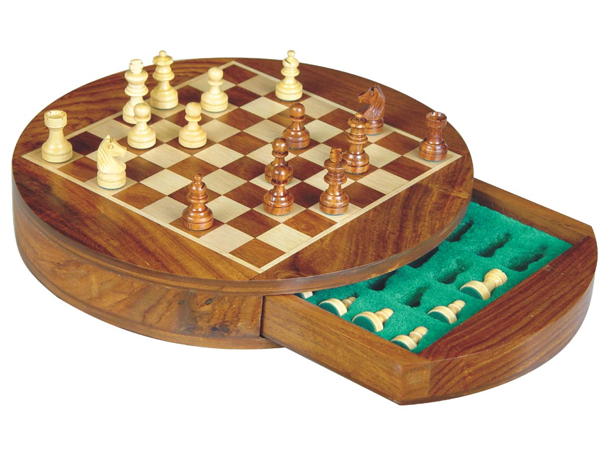 Travel Magnetic Chess Set 9" Round Shape with Drawer Golden Rosewood/M ...
